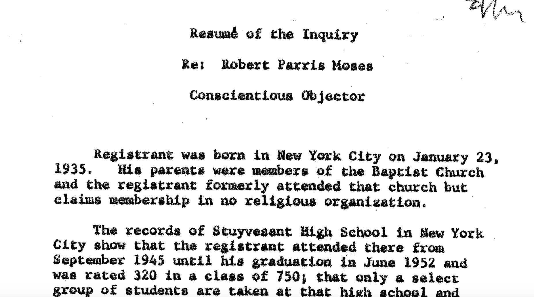 Resume of the Inquiry Re: Robert Parris Moses Conscientious Objector ...